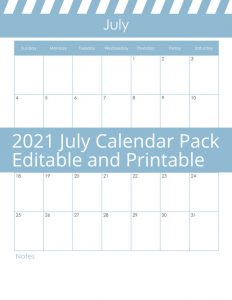 Printable 2021 July Calendar Pack, Edit Before You Print