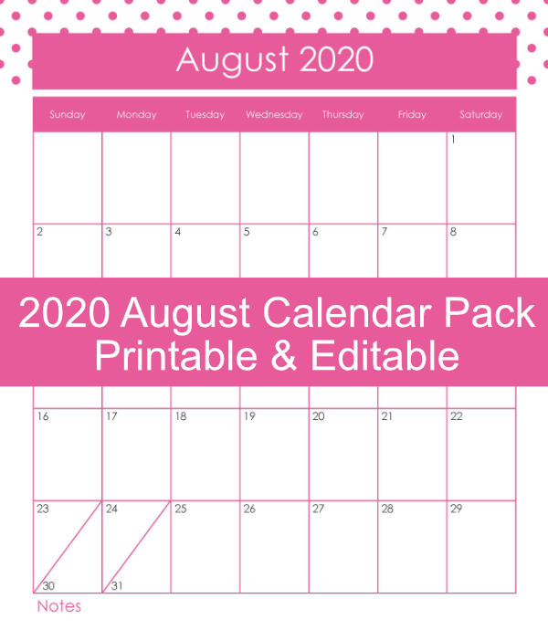August Calendar Pack, Editable and Printable | Frugal Family Home