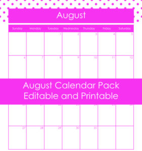 August Calendar Pack, Editable and Printable | Frugal Family Home