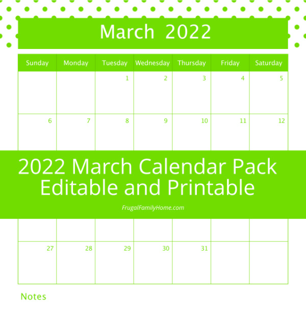 Editable and Printable March Calendar Pack - Frugal Family Home
